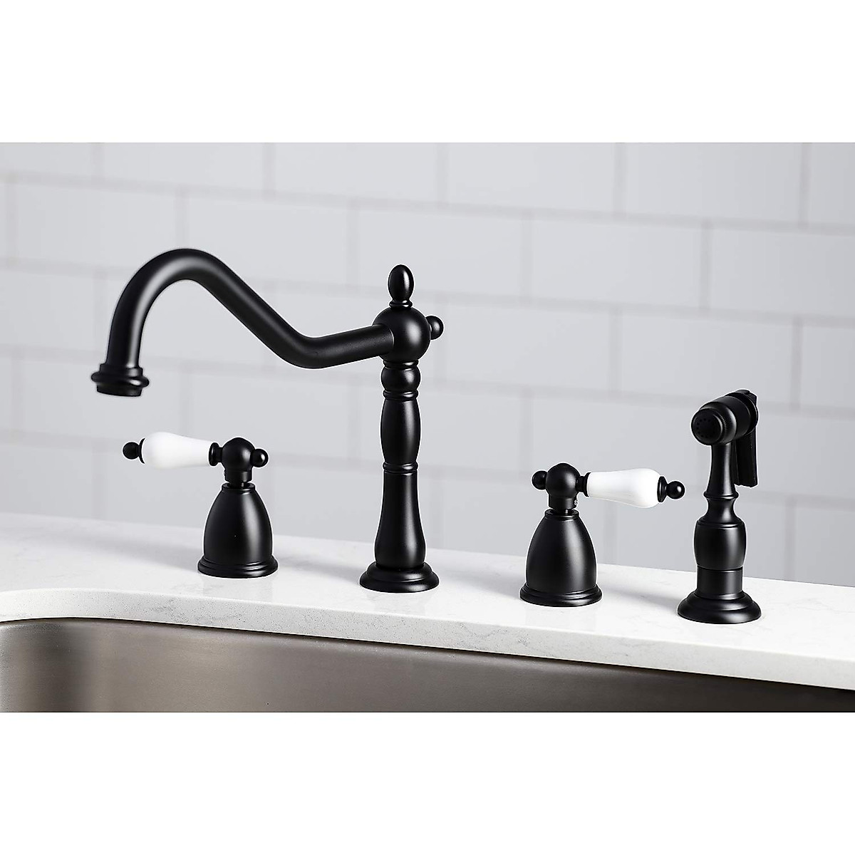 Kingston Brass KB1790PLBS Heritage Widespread Kitchen Faucet with Brass Sprayer, Matte Black