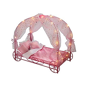 Badger Basket Toy Royal Doll Carriage Bed with Canopy, Bedding, and LED Lights for 18 inch Dolls -Pink/Stars