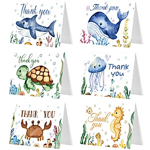 24 Sets Under the Sea Thank You Cards with Envelopes Whale, Shark and Turtle Thank You Notes Ocean Watercolor Baby Thank You Cards Sea Animal Greeting Cards for Birthdays Baby Shower Wedding Kids