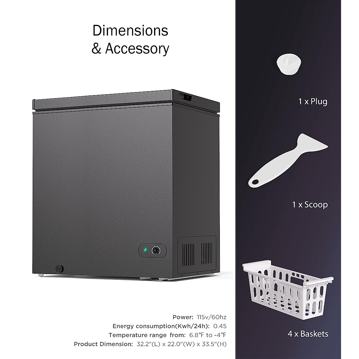 ADT Chest Freezer Free-Standing Top Door Freezers 6.8℉ to -4℉ (Matte Black, 7.0 Cubic Feet)