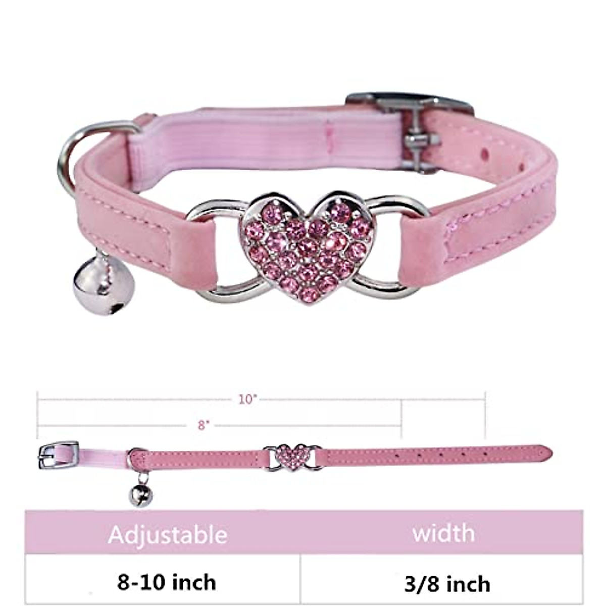 WDPAWS Heart Bling Cat Collar with Safety Belt and Bell Adjustable 8-10 inches for Kitten Cats (Pink)