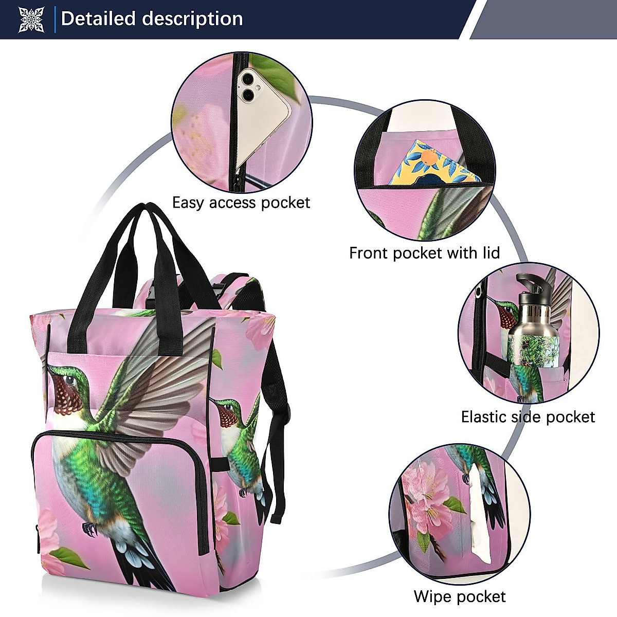 xigua Bird Hummingbird Diaper Bag Backpack Multi Function Baby Changing Bags Waterproof Large Capacity Travel Back Pack for Mom Dad