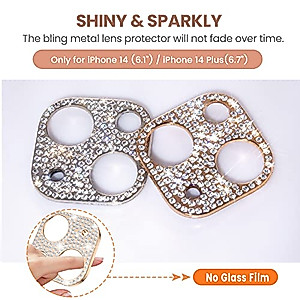 Goton Bling Metal Protector for iPhone 14 Plus & iPhone 14 Camera Lens Protector [No Glass], Glitter Diamond Lens Cover for iPhone 14 Plus & 14 Accessories Silver+Rose Gold