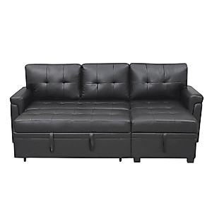 Naomi Home Jenny Sectional Sofa Sleeper with Storage Chaise, Tufted Pull Out Couch with Storage, Sectional Sofa Bed, L-Shaped Reversible Sleeper Sofa with Storage, Black,Air Leather