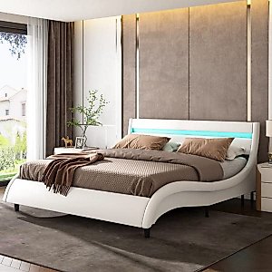 TTVIEW Upholstered Smart LED Bed Frame with Headboard, Modern Faux Leather Wave-Like Platform Bed Frame, Low Profile Bed Frame with Solid Wood Slats Support, White, Full Size