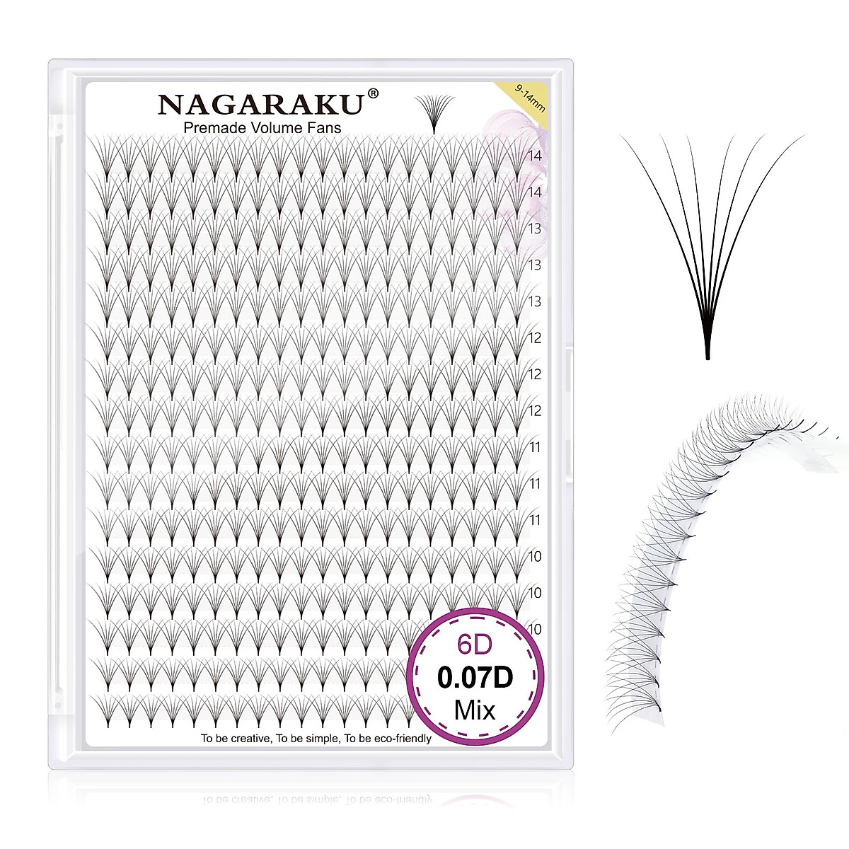 NAGARAKU Premade Fans Eyelash Extensions 320 Fans 6D Volume 0.07mm D curl 9-14mm Mix Tray Sharp Narrow Stem Clusters Thin Pointy Base Russian Pre Fanned Fluffy Matte Black