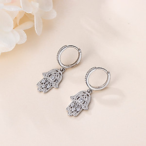 Aniu 925 Sterling Silver Hamsa Earrings with Cubic Zirconia Hand of Fatima Evil Eye Hoop Dangle Drop Earrings Jewelry for Women