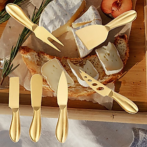 Golden Cheese Knife Set 6 Piece, Stainless Steel Cheese Cutter, Cheese Spreader knife with Ergonomic Handle, Cheese Shaver and Fork for Holiday, Birthday, Wedding, Party