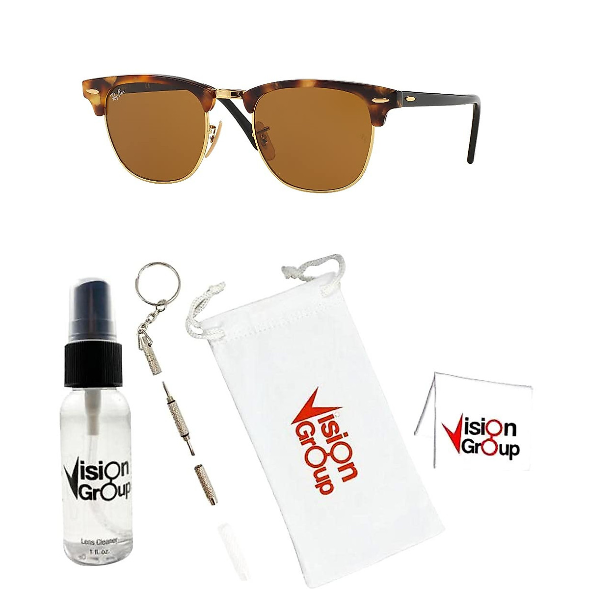 Ray-Ban RB3016 Clubmaster Sunglasses+ Vision Group Accessories Bundle for unisex-adult (Spotted Brown Havana/Crystal Brown (1160),51)