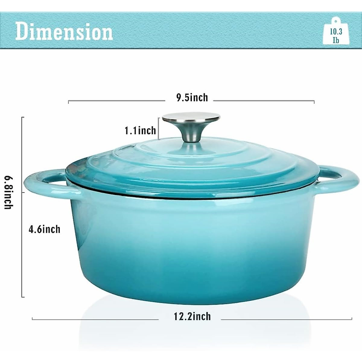 Cast Iron Dutch Oven 4.5 Quart Enameled Cast Iron Dutch Oven Pot with lid Heavy Duty Dutch Oven Dual Handles Porcelain Enameled Cast Iron Pot for Baking Braiser Cooking Family or Friends Gifts,Aqua