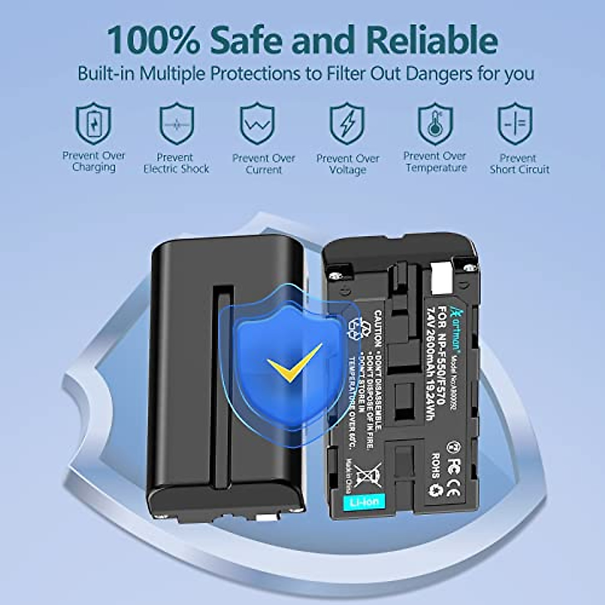 Artman NP-F550 Battery 2-Pack and Wall Charger for Sony NP F550, F530, F970, F960, F770, F750, F330, CCD-SC55, TR516, TR716, TR818, TR910, TR917 Camera, CN-160, CN-216 LED Video Light (2600mAh)