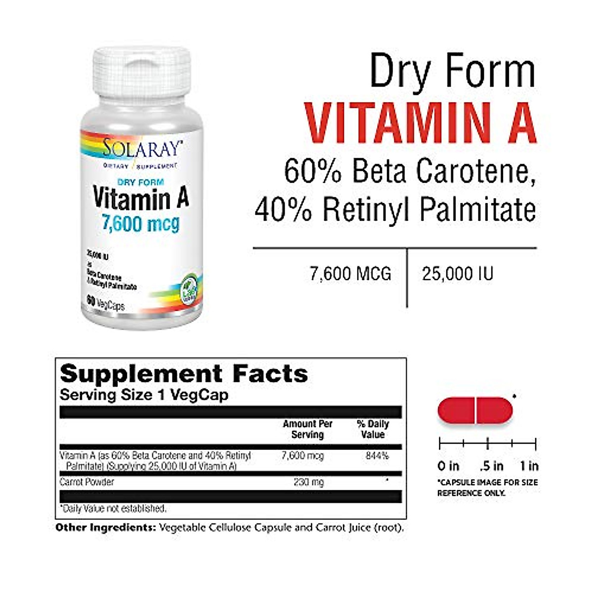 Solaray, Dry Form Vitamin A, 7,500 mcg, 60 VegCaps