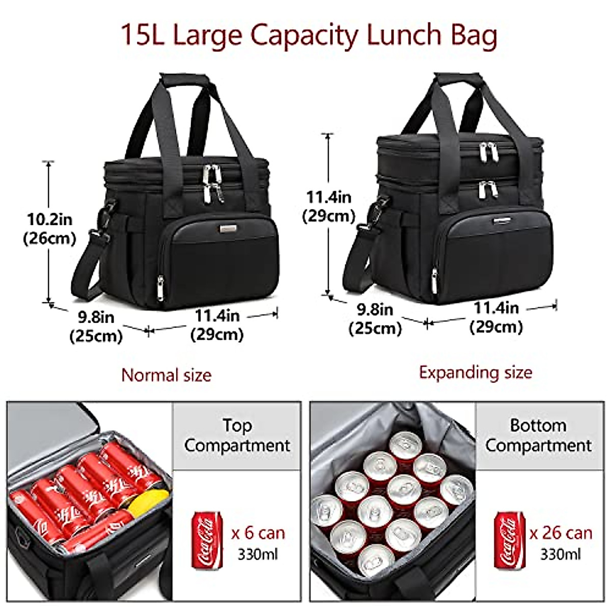 BAVERGE Lunch Box for Men Women, Insulated Loncheras Para Mujer Hombres, Large Portable Collapsible Adult Work Food Cooler, Expandable Heavy Duty Leakproof Tactical Lunch Bag Black
