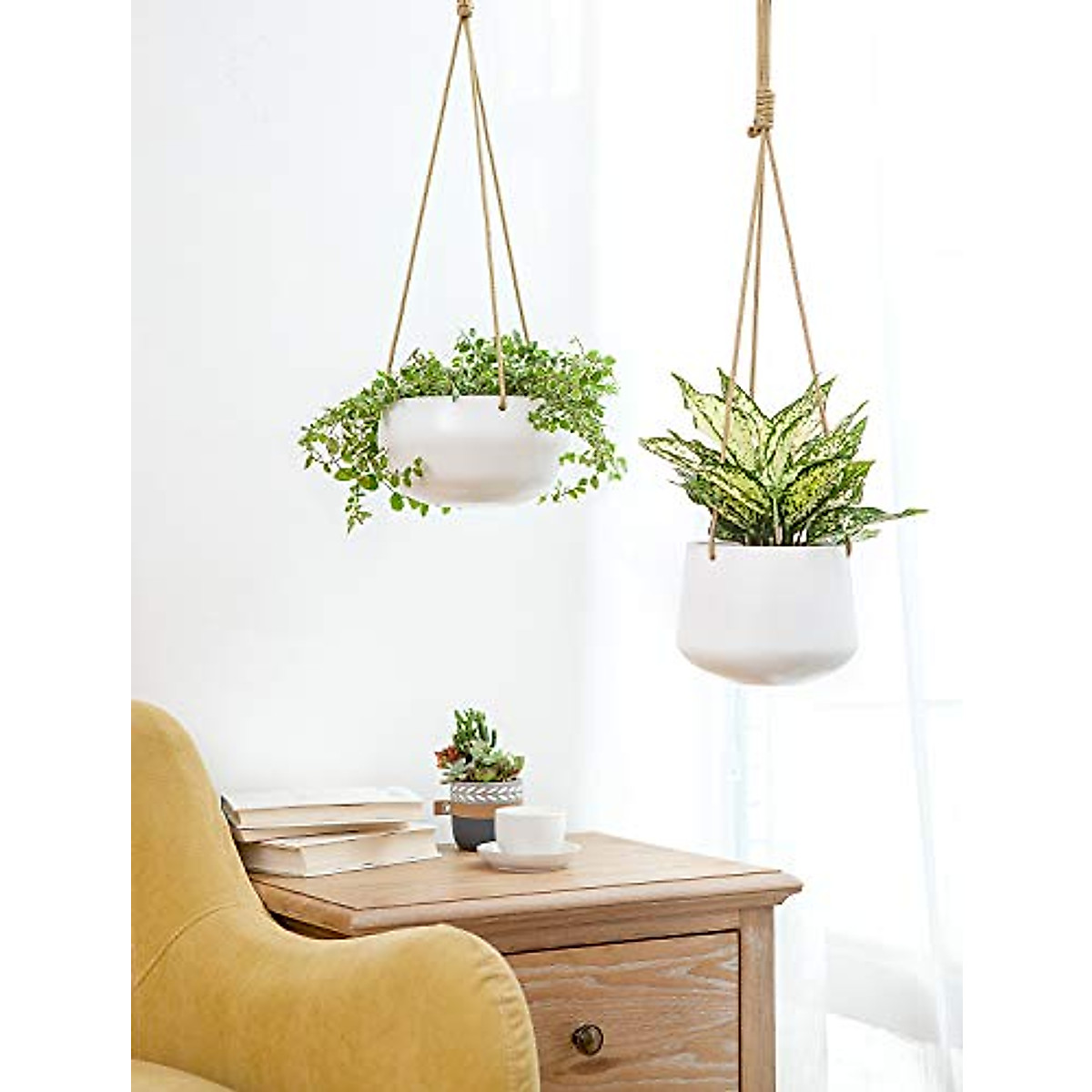 Mkono Ceramic Hanging Planter of Shallow 8 Inch and Deep 6 Inch for Indoor Outdoor Plants, Set of 2 Modern Plant Pot Geometric Porcelain Hanging Basket with Polyester Rope Hanger for Herbs Ferns Ivy