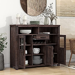 Goohome 47.20" Wine Rack, Retro Style Kitchen Sideboard Cabinet Buffet Table with Storage Drawers & Adjustable Shelves, for Living Room Entryway, Espresso