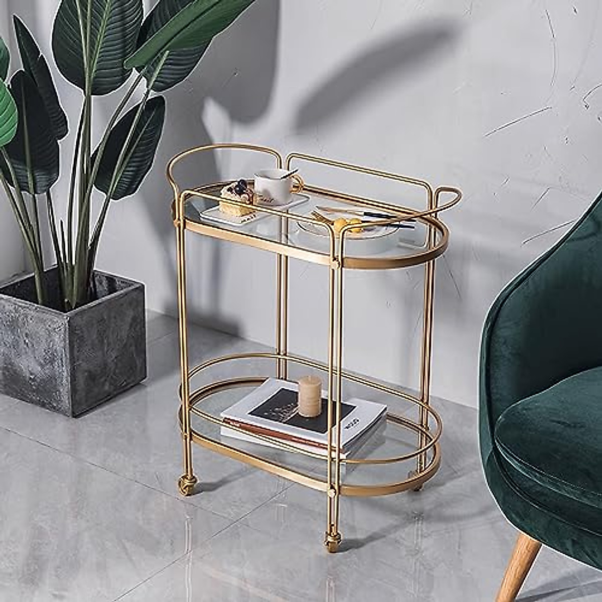 VLOBAOM Modern Rolling Serving Bar Cart, 2-Tier Oval Home Coffee Table Trolley, Kitchen Storage Shelf with Wheels for Living Room, Dining Room, Bathroom,25''Dx14''Wx29''H,Gold