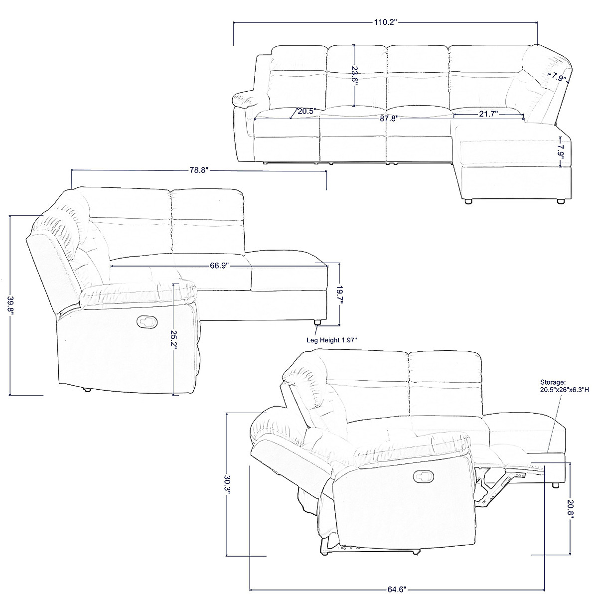 Lepfun 110.2'' Faux Leather Sectional, Manual Reclining 2 Cup Holders & Sorage Ottoman, L-Shaped Corner 5 Seaters Sofa Couch for Living Room, Apartment, Office, Brown