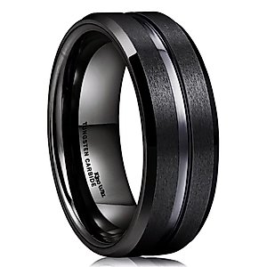 King Will Classic 8mm Black Tungsten Carbide Wedding Band Ring Polished Finish Grooved Center Comfort Fit (10.5)