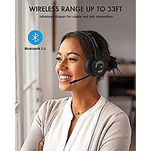 Sanfant Bluetooth Headset with Microphone, Wireless On-Ear Stereo Headphones with Flip-to-Mute Mic, Lightweight Comfort, 22H Playtime, Wired Enabled, Office Headset for Laptop/Cell Phone/Tablet