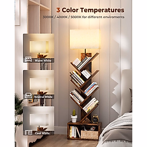 Evermagin 6 Tier Tree Bookshelf with Light, Small Bookcase Tower for Books/CDs/Movies, Tall Floor Standing Book Organizer with Storage Cabinet for Living Room, Bedroom & Home Office, Rustic Brown