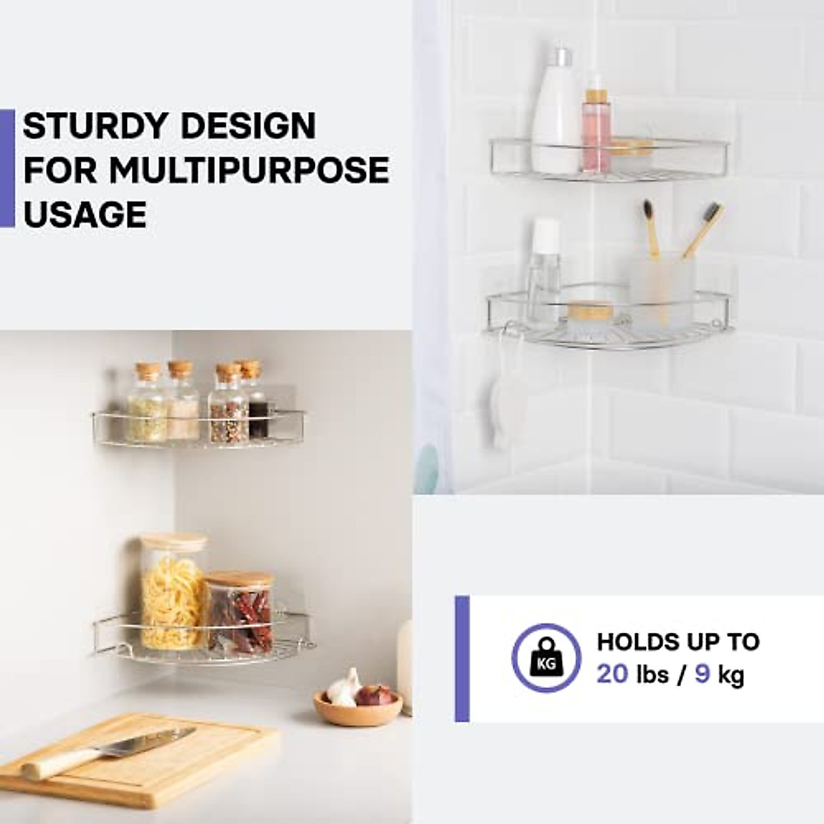 KINCMAX Corner Shower Caddy, Rustproof SUS304 Stainless Steel, Adhesive Wall Mount Double Baskets 2-pack with Built-in Towel Bar (Polished Silver)