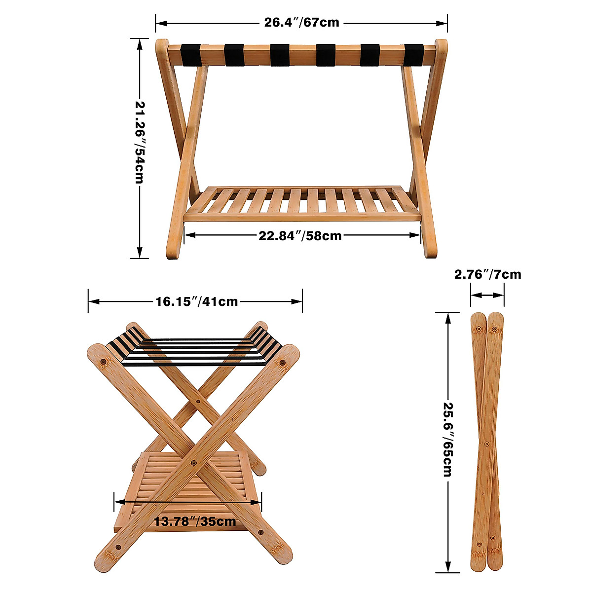 SMIBUY Luggage Rack, Foldable Bamboo Suitcase Stand with Storage Shelf for Guest Room, Bedroom, Hotel, Heavy-Duty, 1 Pack (Natural)