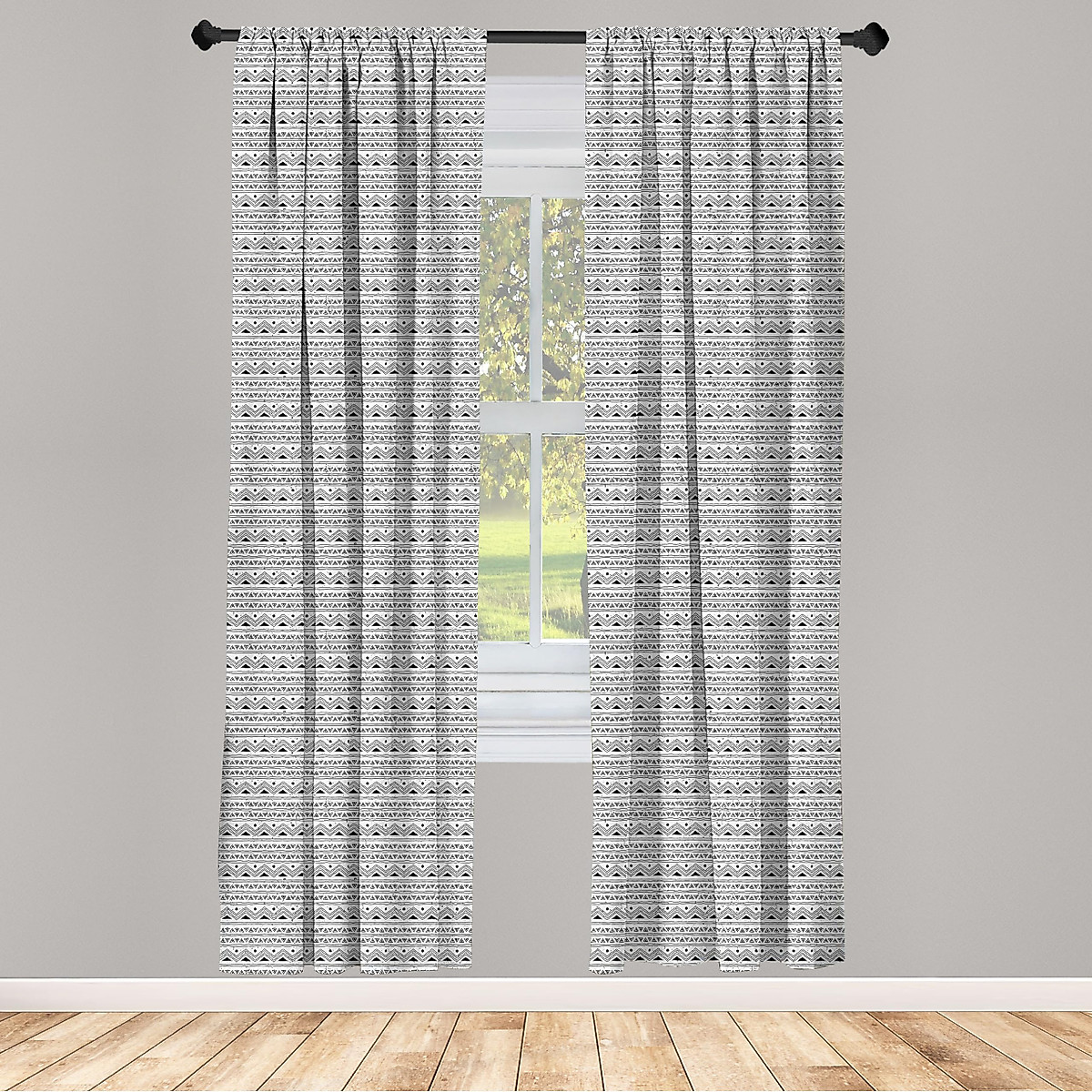 Ambesonne Tribal Curtains, Native Hand Drawn Sketchy Image with Geometric Triangle Borders, Window Treatments 2 Panel Set for Living Room Bedroom, Pair of - 28" x 84", Charcoal Black