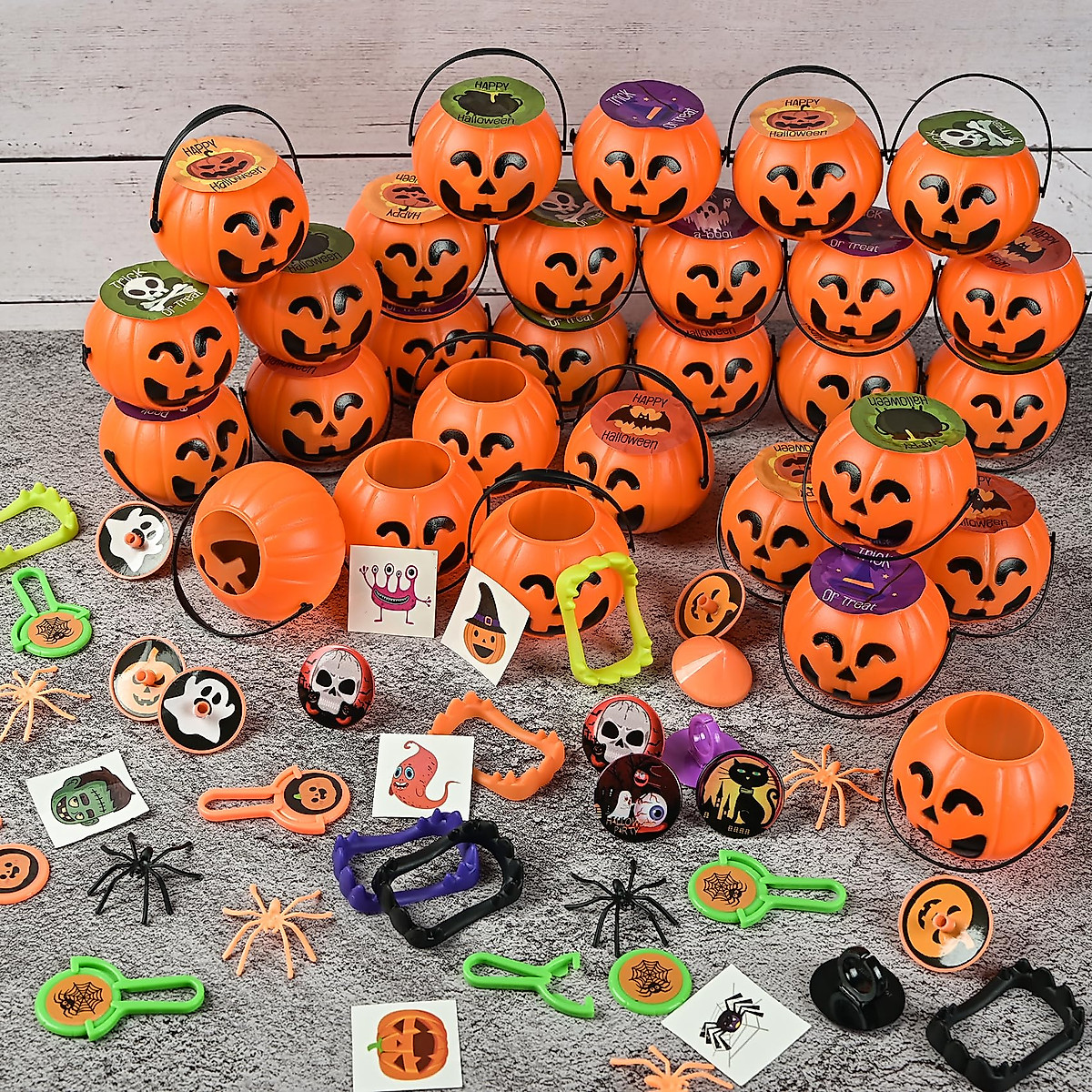 ATFUNSHOP 240PCS Halloween Party Favors 30Packs Prefilled Small Pumpkins With Assorted Halloween Toys In Bulk Trick or Treat Miniatures for Classroom Students Exchange Halloween Carnival Prizes