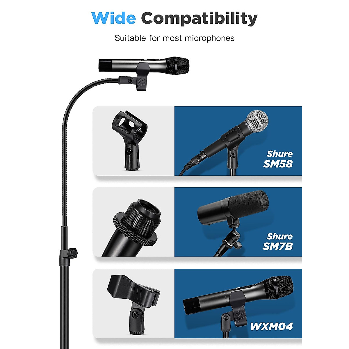 Mic Stand, Bietrun Metal Gooseneck Boom Arm Mic Stand Tripod, Height＆360° Adjustable, with Carrying Bag & 2 Mic Clips,Compatible with Wireless Mic＆Wired Mics for Singing/Wedding/Church/Stage/Party
