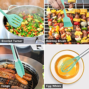 Silicone Cooking Utensils Set, 28PCS Kitchen Utensils Set with Holder, AIKWI Heat-Resistant & Non-stick Silicone Spatula, Tongs,Spoon for Cooking, BPA Free Kitchen Tools Gift (Green)