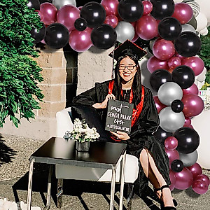 Graduation Party Decorations Maroon Black 2024/Burgundy Black Graduation Decorations/Burgundy Silver Black Balloons 45Pcs Burgundy Black Birthday Decorations