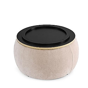 Kakotito Modern Round Storage Ottoman with Wooden Lid,Circle Ottoman Handmade Ottoman Coffee Table,End Table & Footstool for Living Room (Pink)