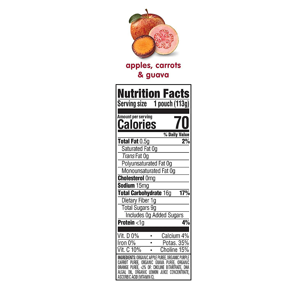 Happy Baby Organics Brain Support Blends Apples, Purple Carrots & Guava with DHA and Choline 4oz Pouch (Pack of 16)