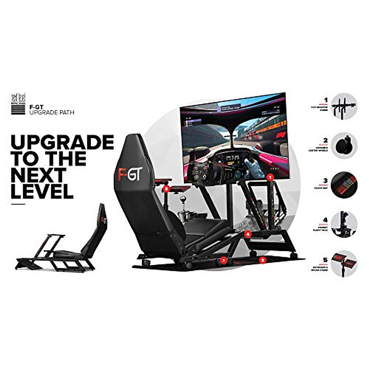Next Level Racing F-GT Racing Simulator Cockpit. Formula and GT racing simulator cockpit compatible with Thrustmaster, Fanatec, Moza Racing on PC, Xbox and PS