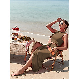 ZAFUL Women's Casual Sleeveless Summer Two Piece Outfits Solid Crop Top and Draped Ruched Maxi Skirt Set Solid Suiting (B-Brown, L)