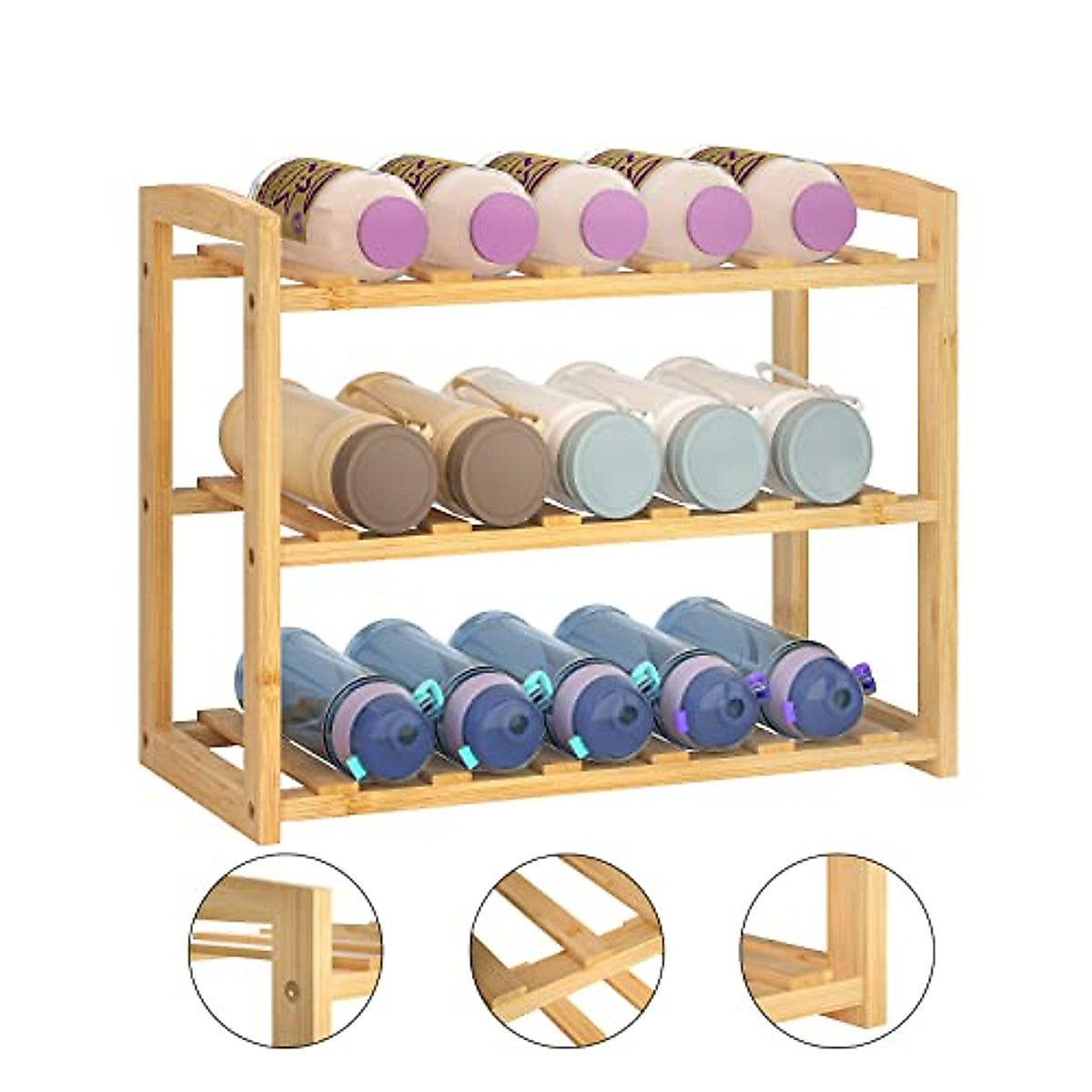 CALM COZY Water Bottle Organizer, 3 Tier Bamboo Water Bottle Rack, Cup Organizer for Kitchen Cabinets, Plastic Water Bottle Holder for Cabinet, Pantry, Kitchen Countertop, Dining