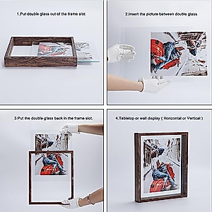 Trwcrt 8x10 Picture Frame Set of 2, Double Glass Floating Photo Frames Display up to 10 x 12 photos for Wall or Tabletop Display, Brown