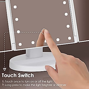 TiKenSo Trifold Vanity Mirror with Lights，Tabletop Mount Makeup Mirror with Lights and 1x/2x/3x Magnification 21LED Mirror Touch Screen Two Power Supply Modes Make Up Mirror