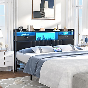 Unikito Queen Headboard with Drawer Storage and RGB LED Light, Queen Size Upholstered Headboard with Power Outlet and Bookcase, Stable Queen Headboard Only, for Bedroom/Dorm Room/Guest Room, Black