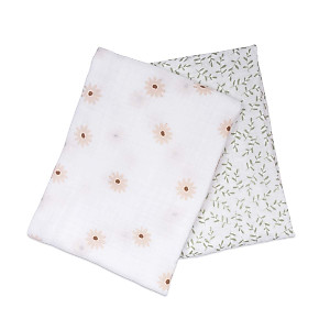 lulujo Boho Swaddle Set, Cotton Muslin Blankets, 2 Pack (Daisies & Greenery)