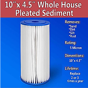 Big 10 x 4.5 inches Pleated Washable & Reusable Sediment Filter 5 Micron Amplified Surface Area, Removes Sand, Dirt, Silt, Rust, Extended Filter Life for 10" Big Housing