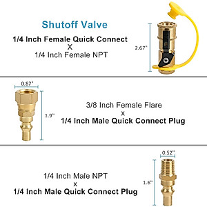 ATKKE Propane Quick Connect Adapter Fittings, 1/4” RV Quick Connect Disconnect Adapter Shutoff Valve Kit for Hook RV Hose Pipe Line, Gas BBQ Grill RV Camping