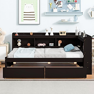 Harper & Bright Designs Twin Bed Frame with L-Shaped Bookcases, Wooden Twin Size Platform Bed with 2 Storage Drawers,Twin Bed with Storage for Kids Teens Girls Boys, Espresso