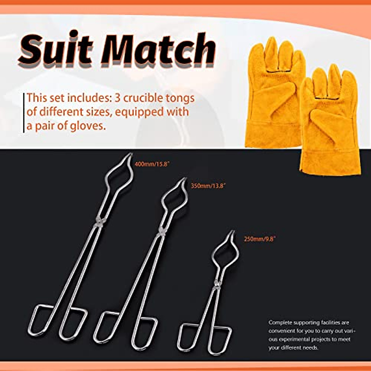 Tanstic 4Pcs Crucible Tongs with General Gloves Set, 10'' 14'' 16'' Stainless Steel Professional Grade Crucible Tongs Kit for Industry Laboratory