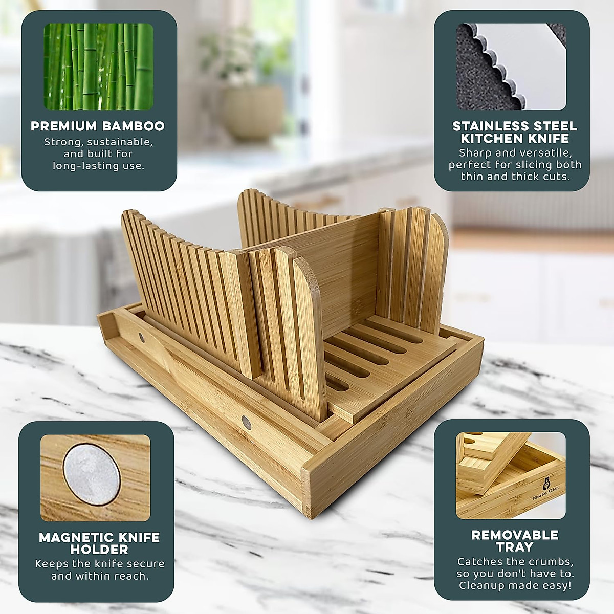 Mama Bear Kitchens Bamboo Bread Slicer with Knife - Adjustable & Durable Bread Loaf Slicer with Crumb Tray & Foldable Bread Cutter Guide - Easy to Clean & Store Bread Slicer for Homemade Bread