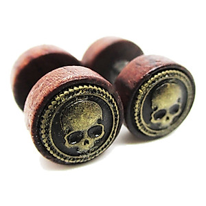 Organic Wood w/Metal Skull Emblem Stud Post Earrings - New - Pair!