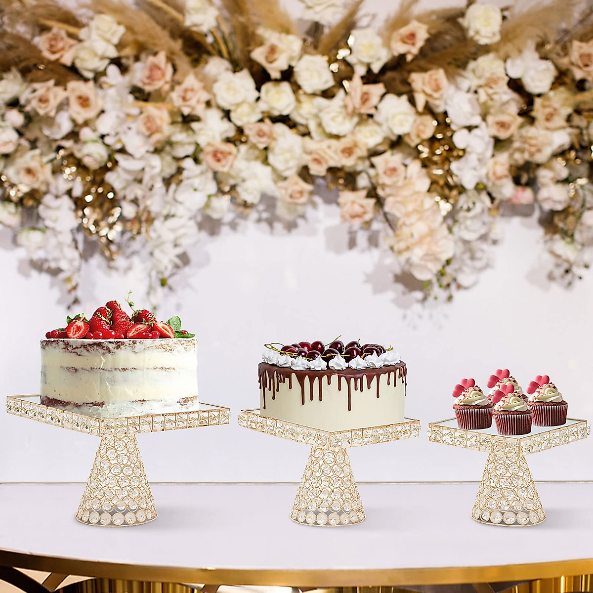 3 Piece Crystal Cake Stands, Gold Round Crystal Cupcake Stand with Square Tray Present Dessert Stands for Wedding Brithday Party Celebration Dessert Display(3Pcs/ Gold Square)