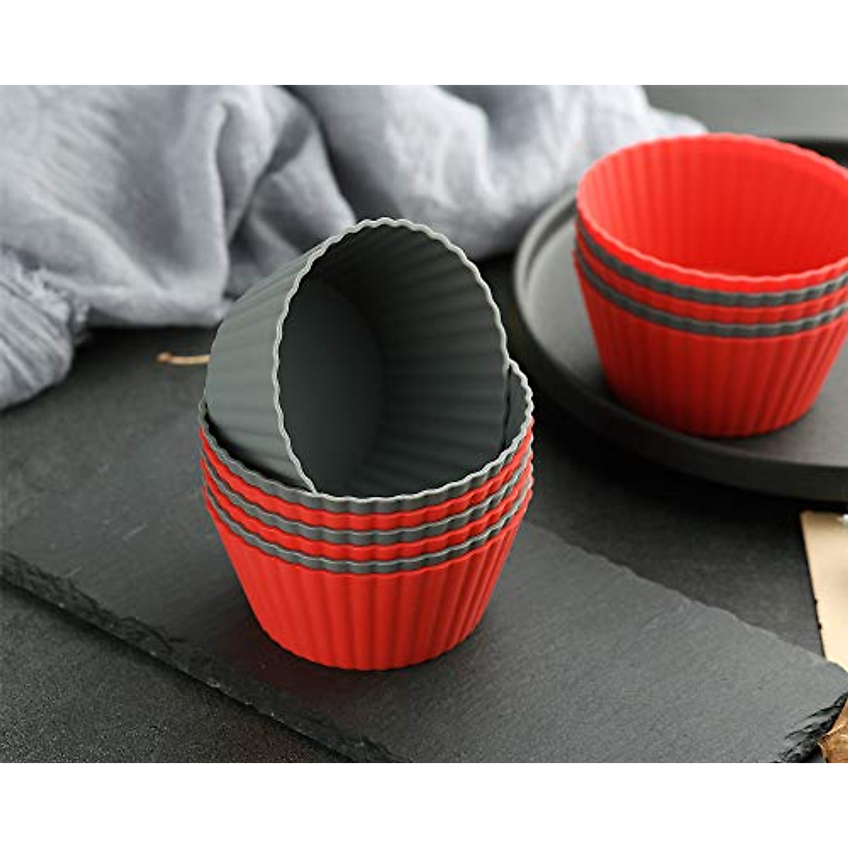 Mirenlife 12 Pack Reusable Nonstick Jumbo Silicone Baking Cups, Cupcake and Muffin Liners, 3.8 Inch Large Size, Red and Gray Colors, Round
