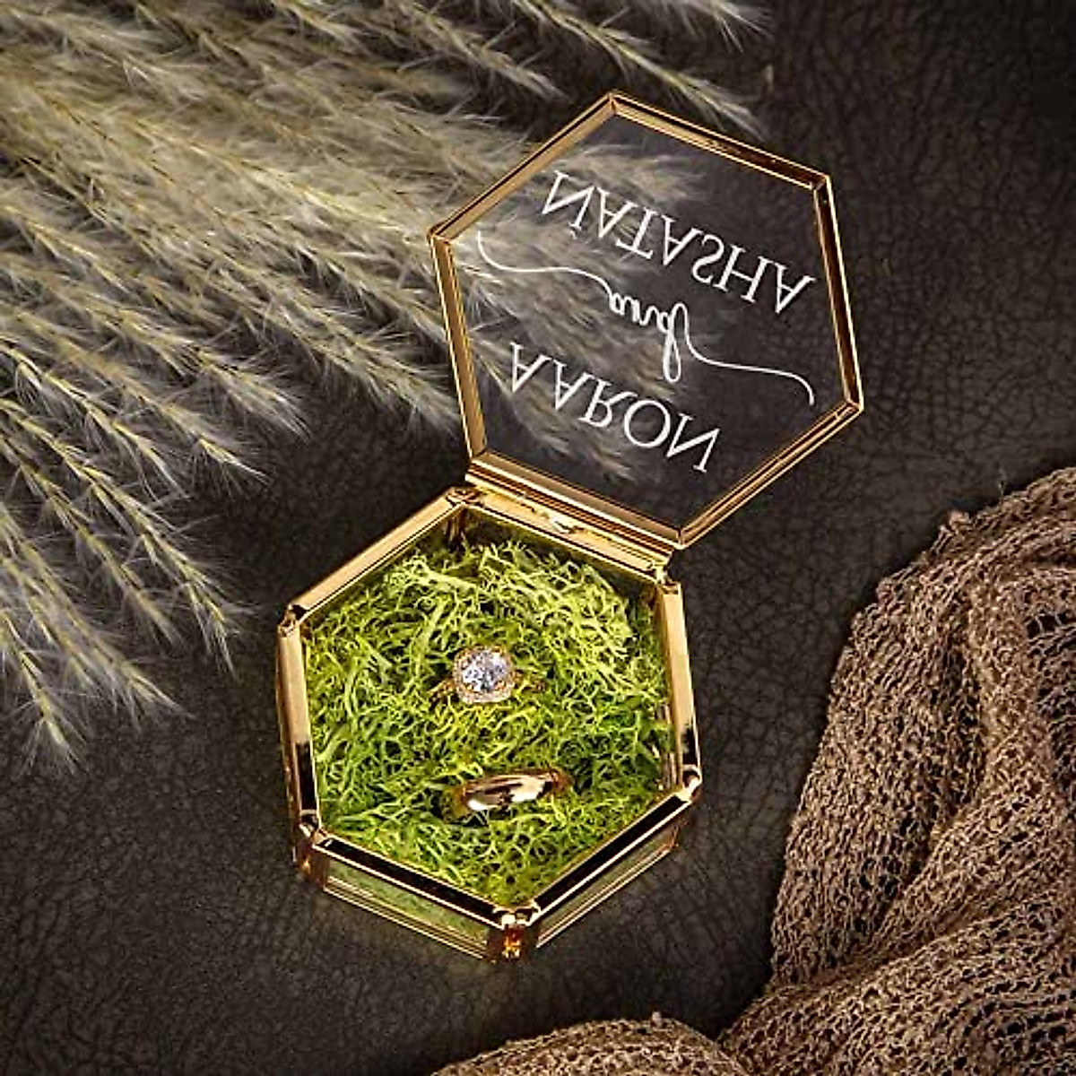 AILIN Personalized Ring Box for Wedding Ceremony Custom Name Hexagon Glass Ring Box with Moss For Engagement Birthday Anniversary
