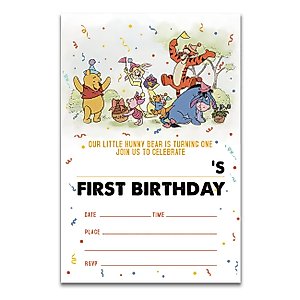 Dolimifa Vintage Winnie the Pooh 1st Birthday Invitations Fill in Style Classic Winnie the Pooh Bear First Birthday Invites, 20 count With Envelopes